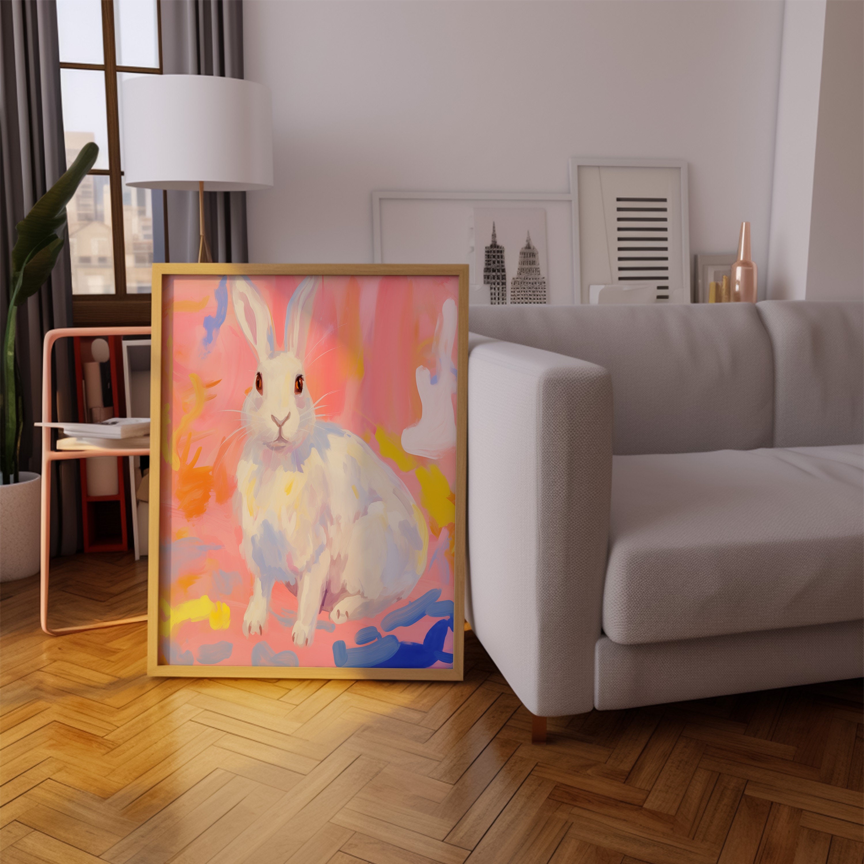 Bunny Oil Painting Print, Animal Painting, White Rabbit Art, Watercolor ...