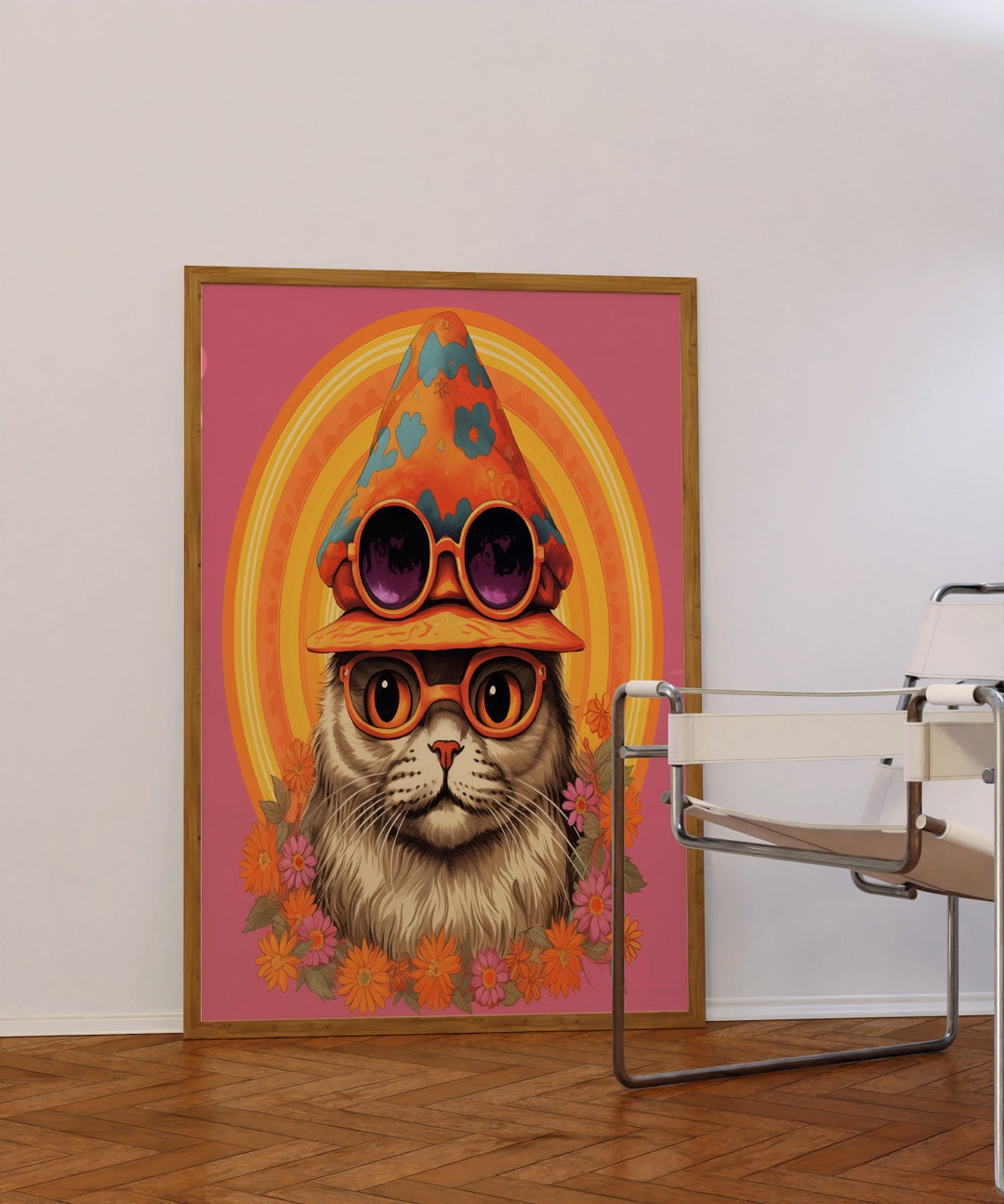 70s Cat Mushroom Hat, Colorful Cat Wall Print, 70s Retro Psychedelic ...