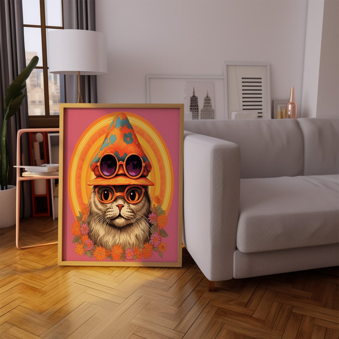 70s Cat Mushroom Hat, Colorful Cat Wall Print, Digital Download Print ...