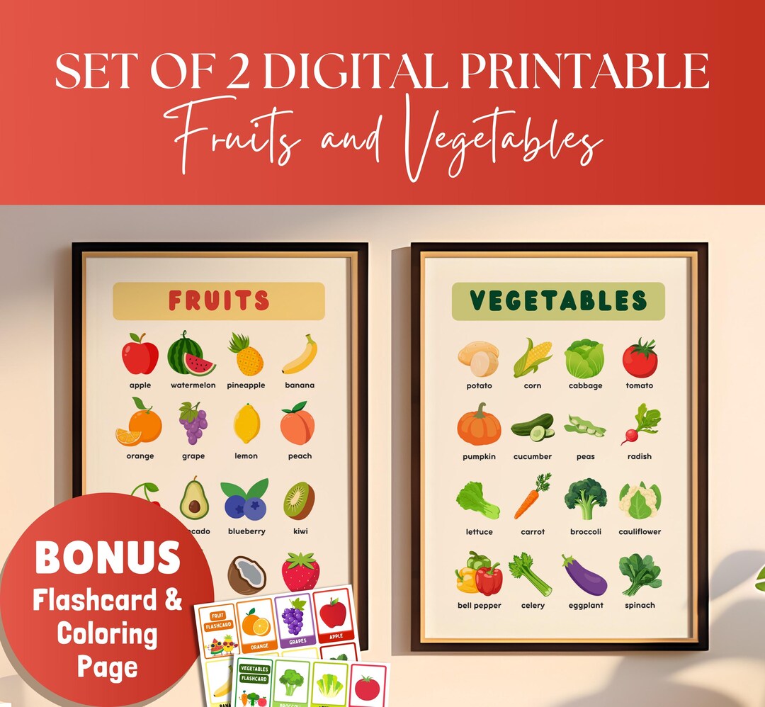 Set of 2 Fruits and Vegetables Prints - Educational Poster - Flashcard ...