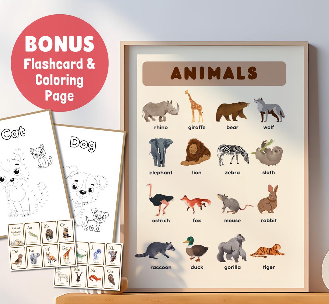 Animals Educational Poster - Animals Flashcard - Animals Drawing and ...