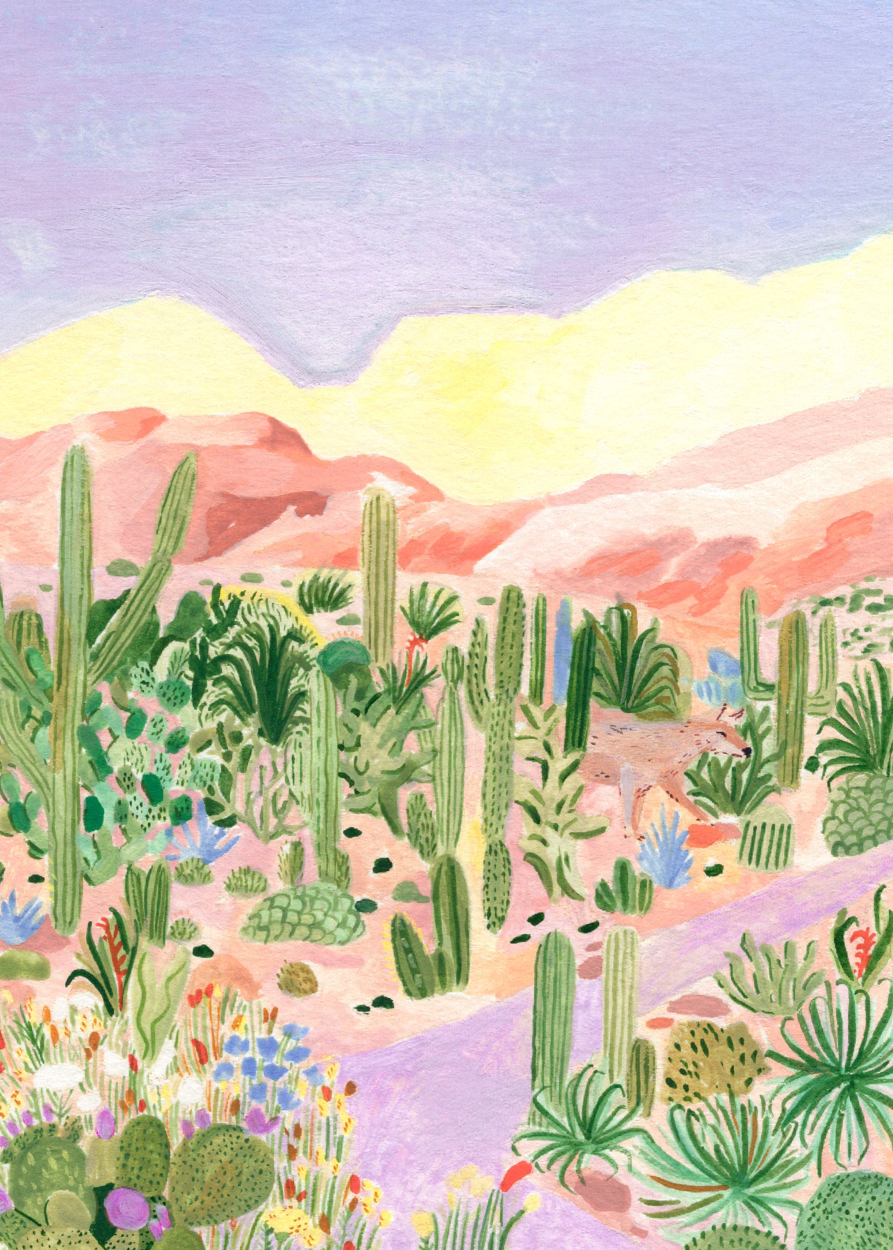 Cactus Desert Poster A5 Pastel Colours Illustration Sunset Landscape ...