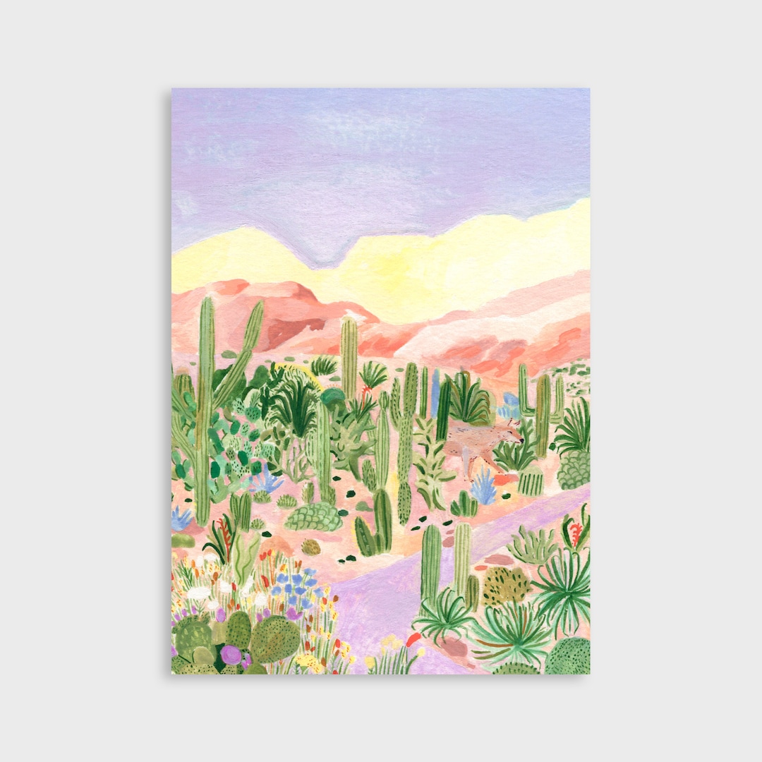 Cactus Desert Poster A5 Pastel Colours Illustration Sunset Landscape ...
