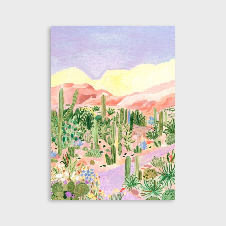 Cactus Desert Poster A5 Pastel Colours Illustration Sunset Landscape ...