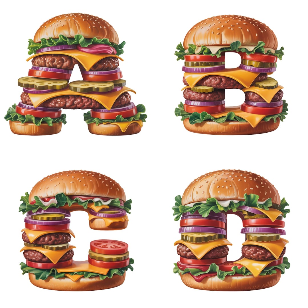 Burger Alphabet Clipart: Cheeseburger Letters & Numbers PNG (digital ...
