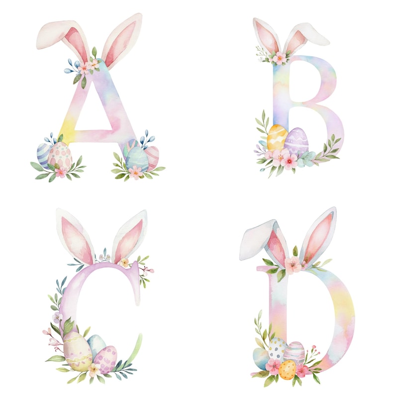 Easter Bunny Alphabet Clipart A-Z & Numbers 1-9, Pastel Watercolor ...