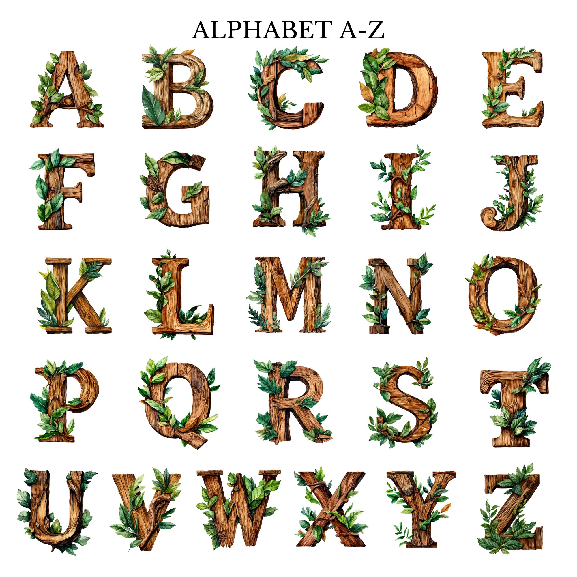 Woodland Alphabet Clipart: Rustic Wood Leaf Font (PNG Digital Download ...
