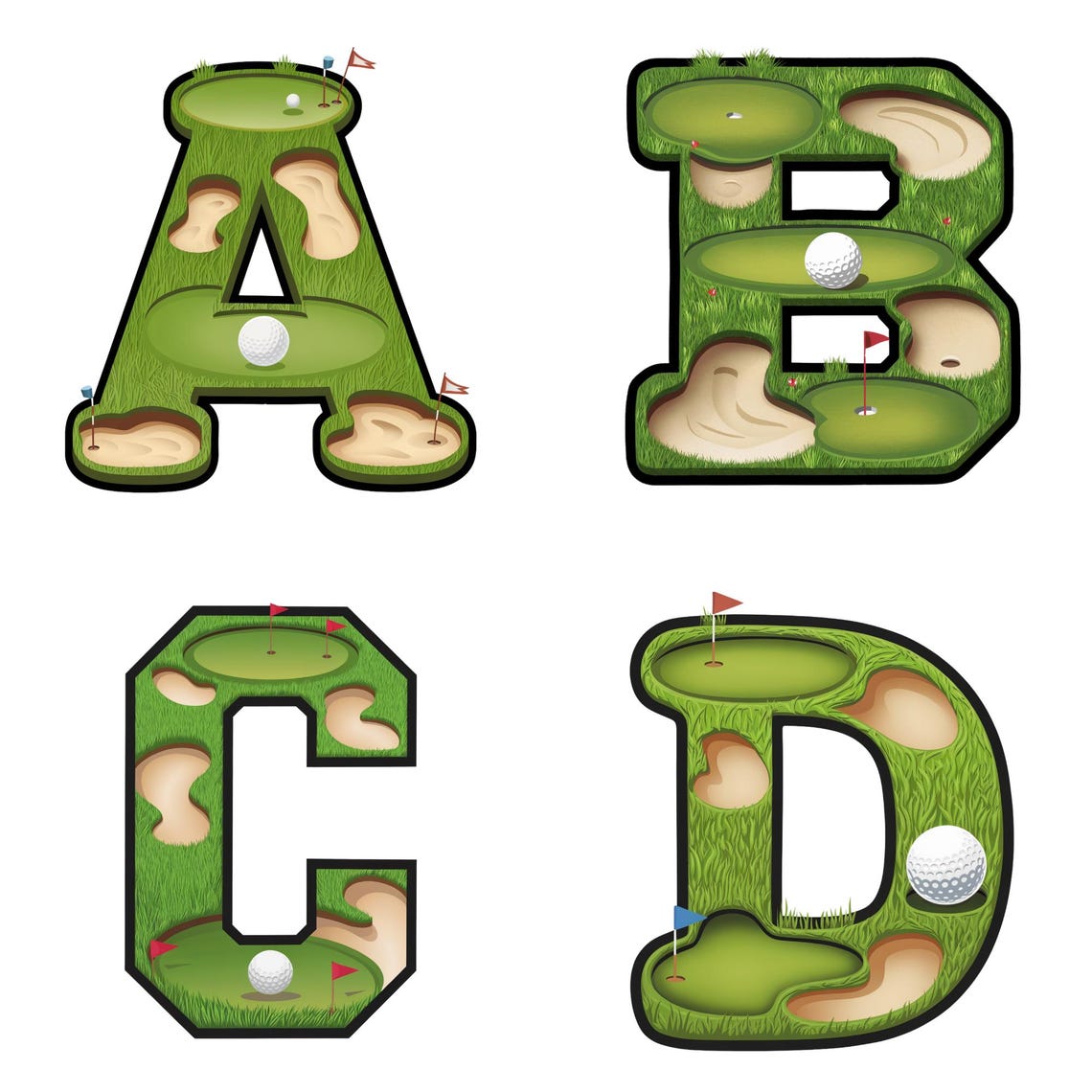 Golf Alphabet A-Z Numbers 1-9 Clip Art - 300 DPI PNG - Fun Golf Course Design - Transparent ...