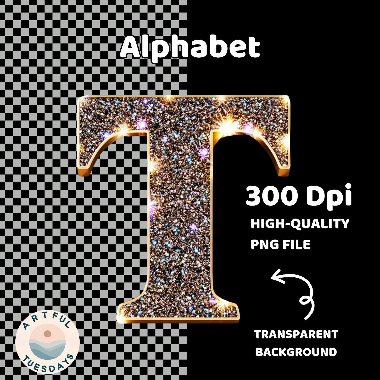 Glitter Alphabet Clip Art: Gold Edged Letters & Numbers (PNG Digital ...