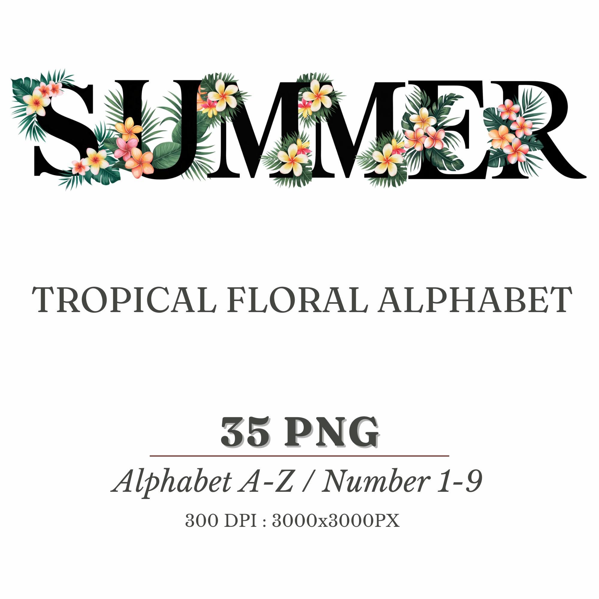 Tropical Floral Alphabet Clipart: Plumeria & Palm Letters (PNG, 300 DPI ...