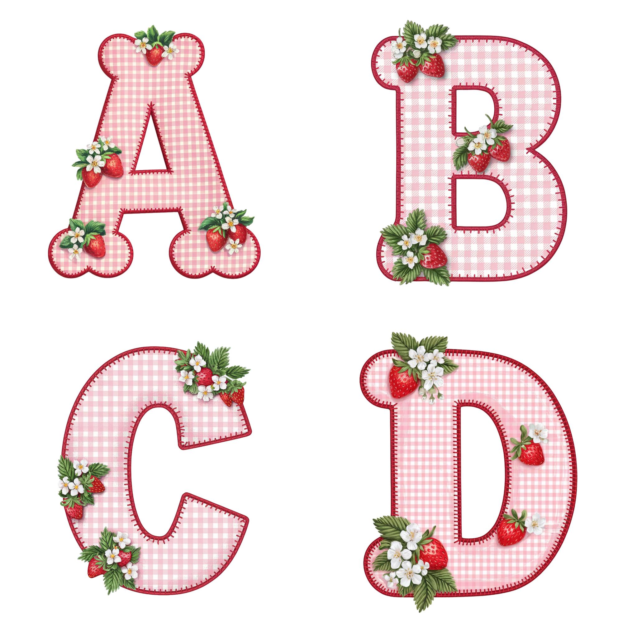 Strawberry Floral Alphabet Clip Art: Pink Gingham Letters & Numbers ...