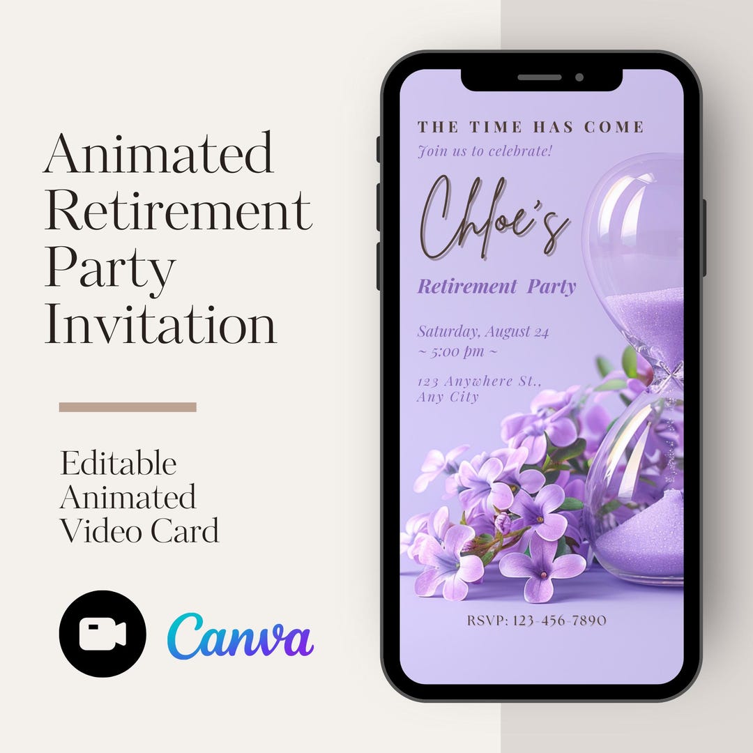 Animated Retirement Party Invitation - Hourglass & Lavender, Editable ...