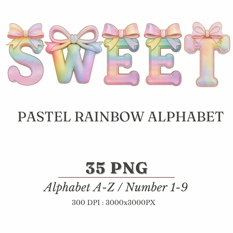 Pastel Rainbow Alphabet A-Z Numbers 1-9 Clipart | 300 DPI PNG | Cute ...