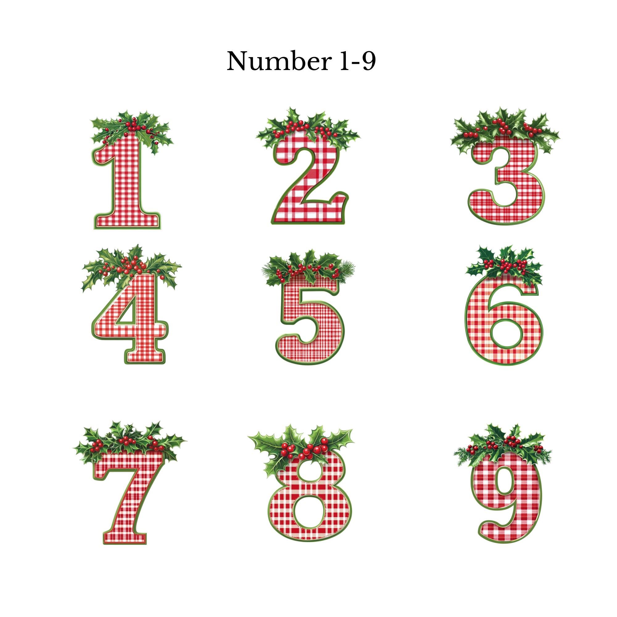 Red Plaid Alphabet Clipart With Holly Leaves | A-Z Letters, 0-9 Numbers ...