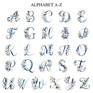 Elegant Blue Floral Alphabet Clipart | A-Z Letters & 0-9 Numbers | 300 ...