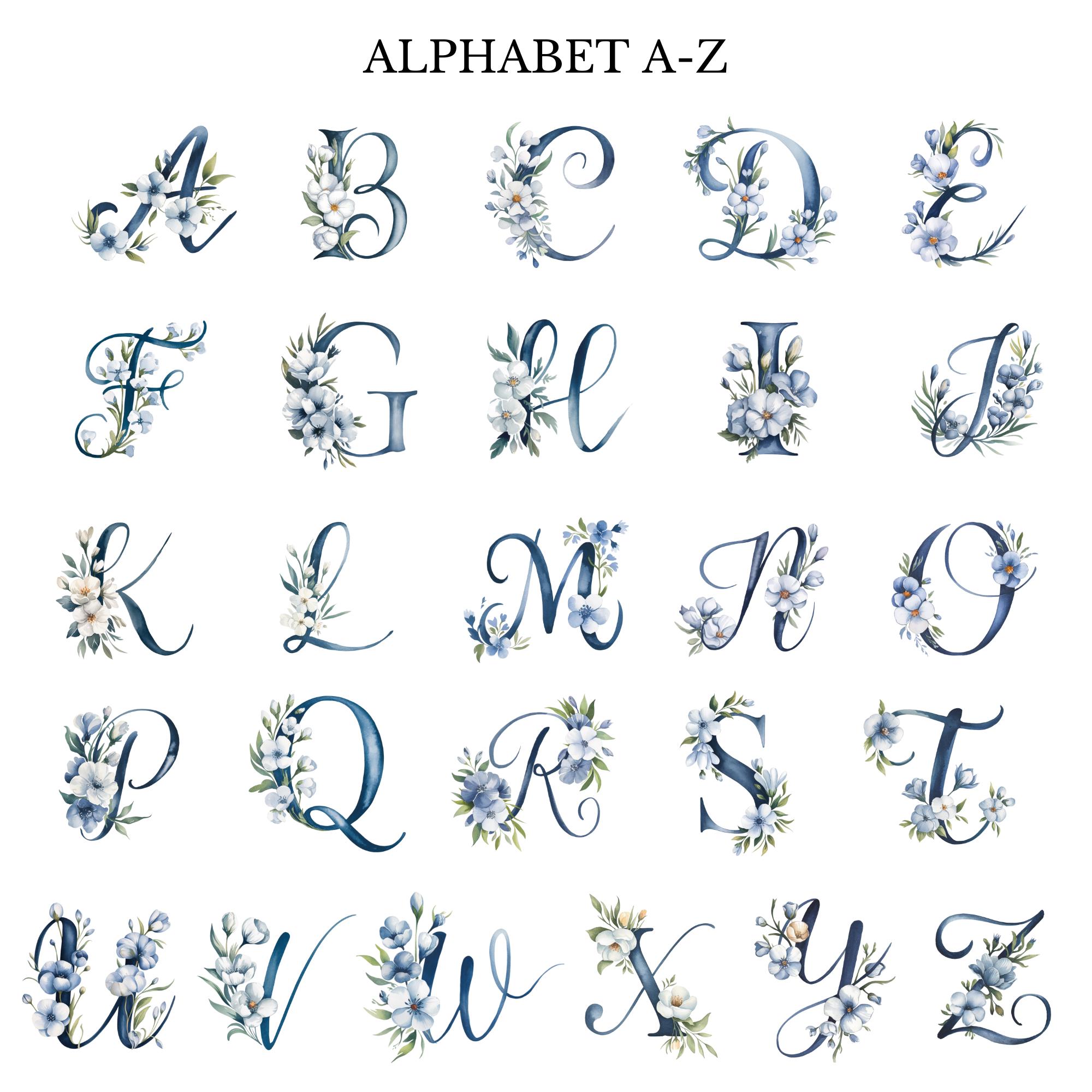 Blue Floral Watercolor Alphabet Clipart: A-Z Letters, 0-9 Numbers ...