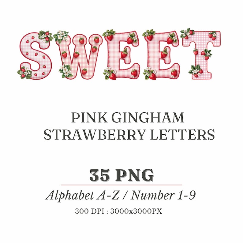 Strawberry Floral Alphabet Clip Art: Pink Gingham Letters & Numbers ...