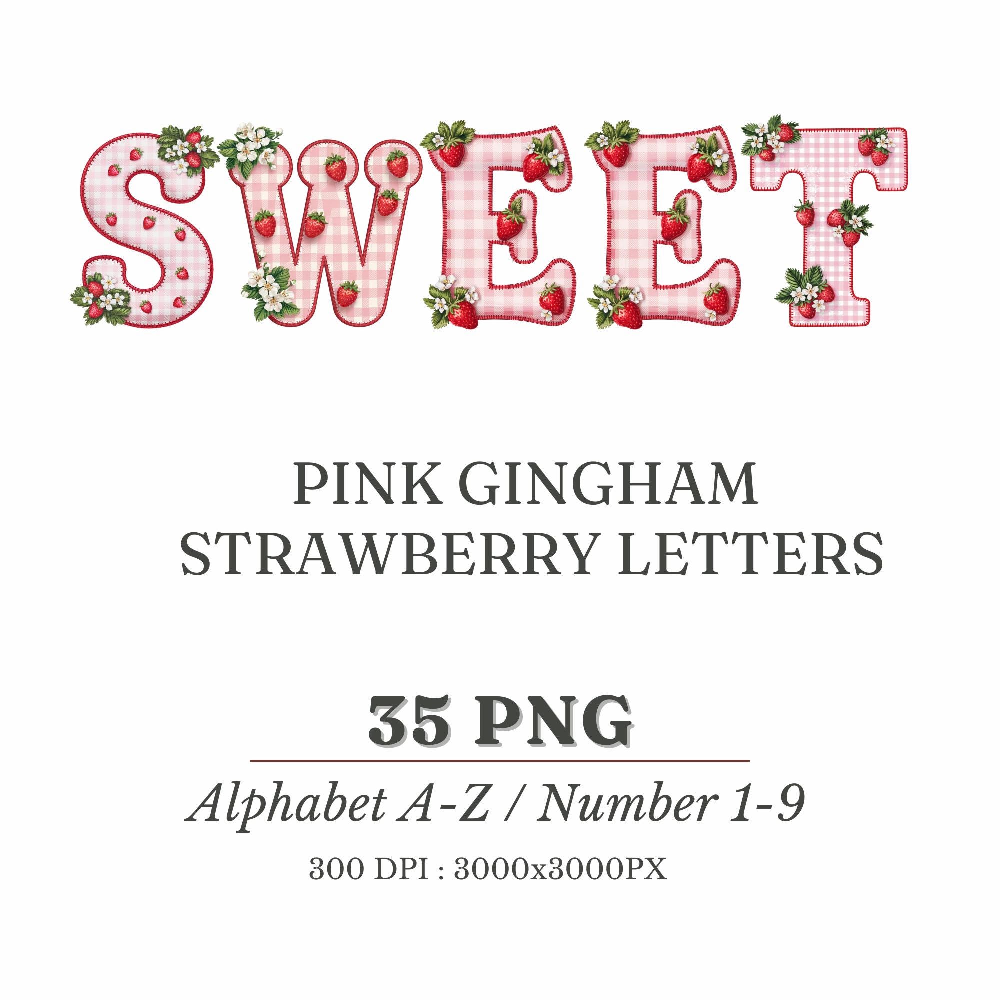 Strawberry Floral Alphabet Clip Art: Pink Gingham Letters & Numbers ...