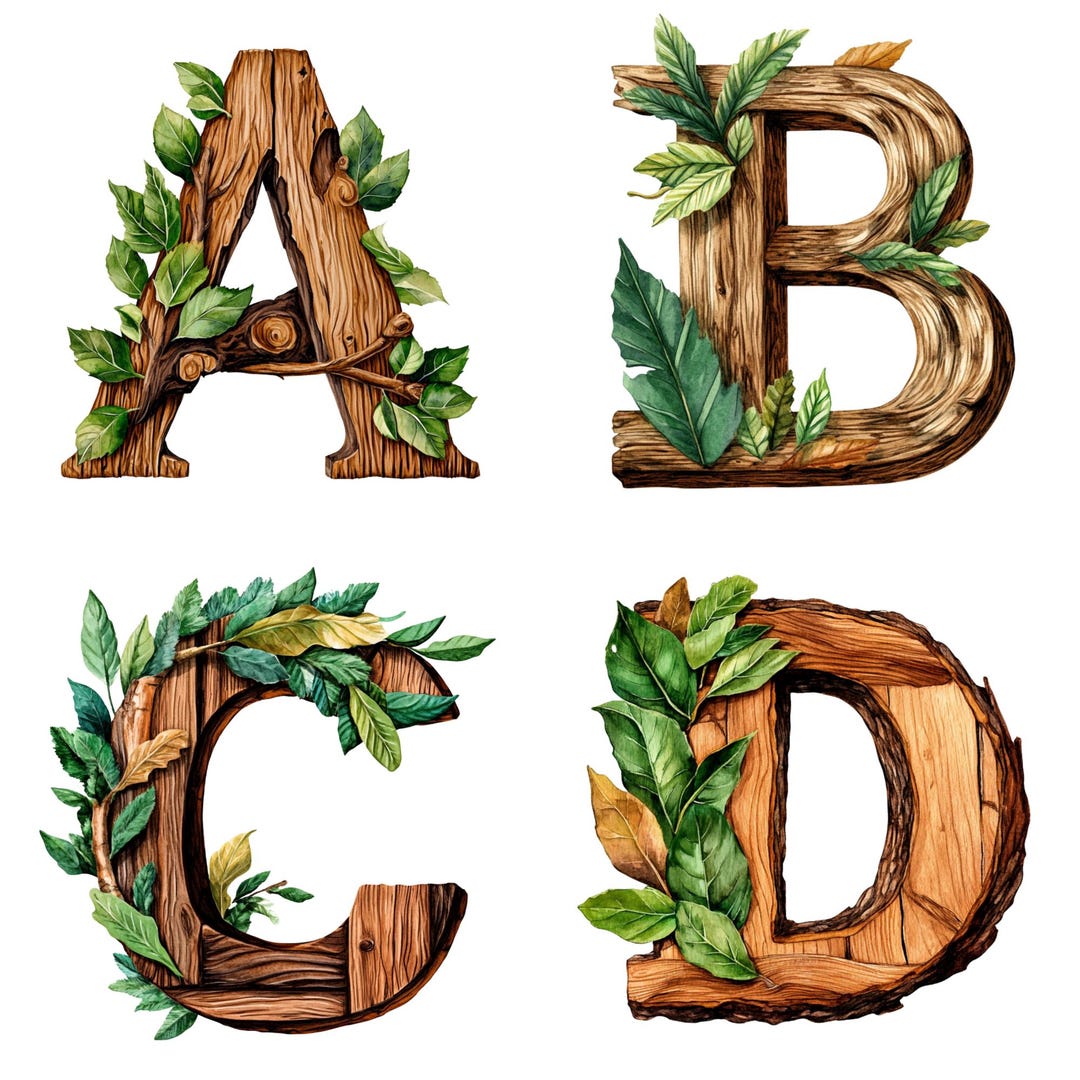 Woodland Alphabet Clipart: Rustic Wood Leaf Font (PNG Digital Download ...