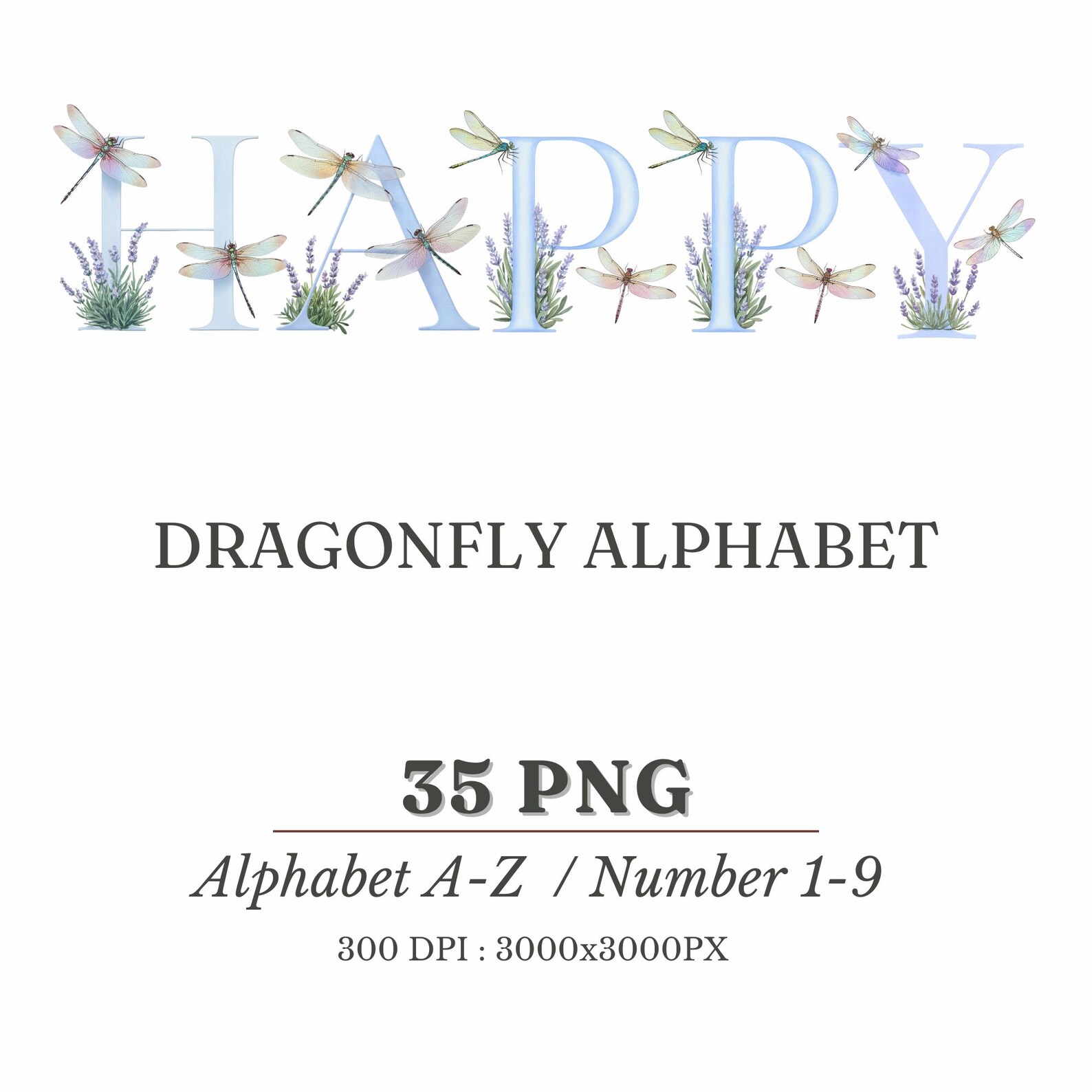 Dragonfly Alphabet Letters A-Z & Numbers 1-9 Clipart, Lavender Floral ...
