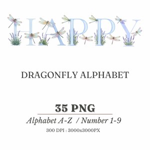 Dragonfly Alphabet Letters A-Z & Numbers 1-9 Clipart, Lavender Floral ...