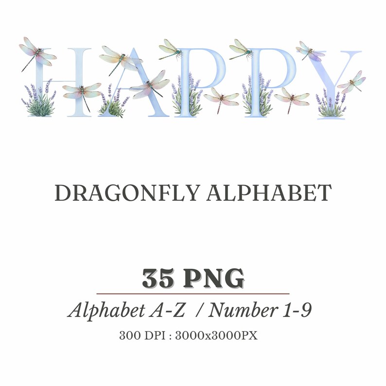 Dragonfly Alphabet Letters A-Z & Numbers 1-9 Clipart, Lavender Floral ...