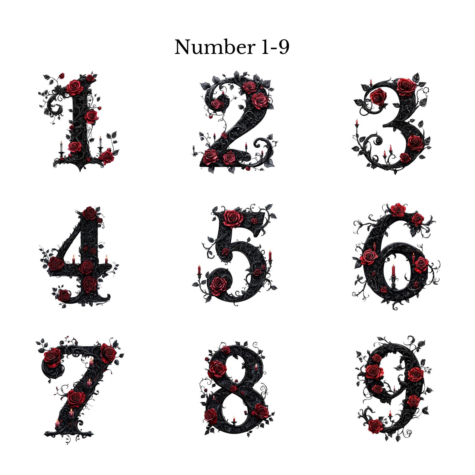 Gothic Rose Font Clip Art: Dark Alphabet, Numbers (PNG Digital Download ...