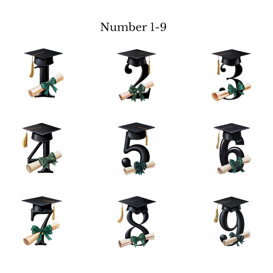 Graduation Alphabet Clipart: Black Cap, Green Ribbon (PNG Digital ...