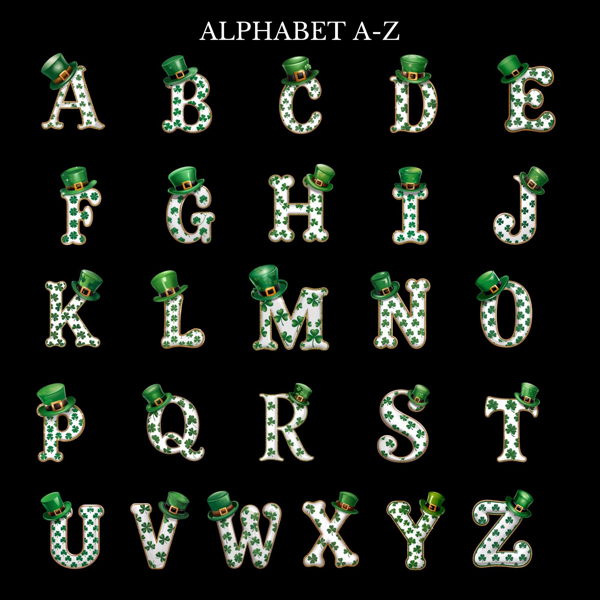 St. Patrick's Day Alphabet Clipart A-Z, Numbers 1-9, 300 DPI PNG ...