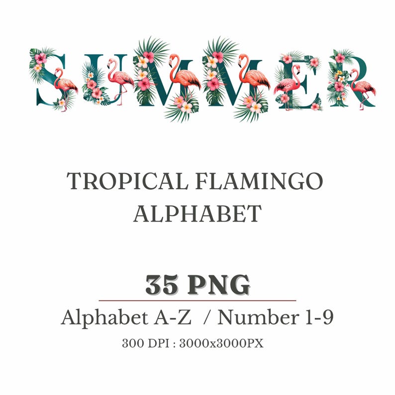 Tropical Flamingo Alphabet: Watercolor Letters & Numbers PNG (digital ...