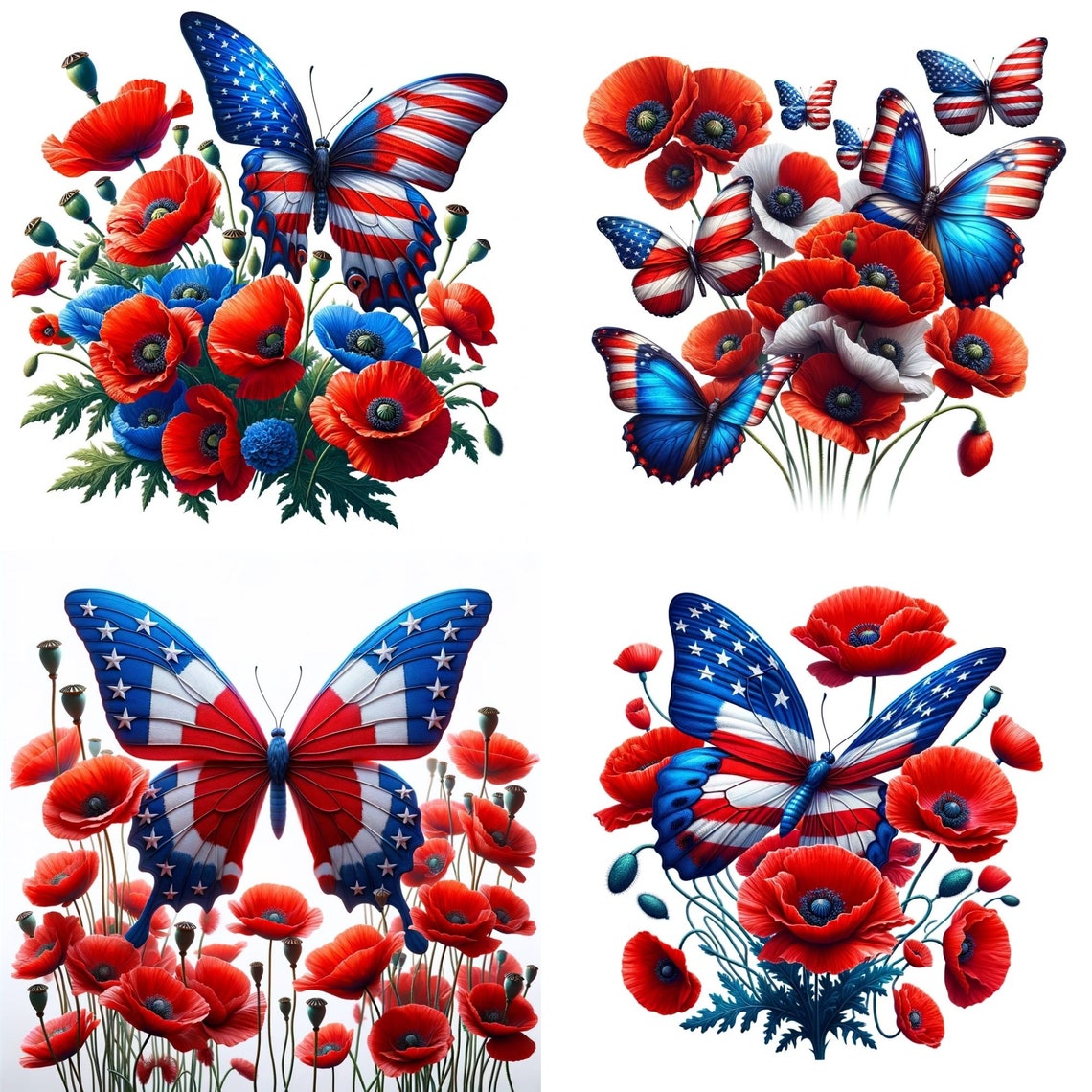 Patriotic Butterfly & Poppy Clipart: USA Independence Day PNG (digital ...