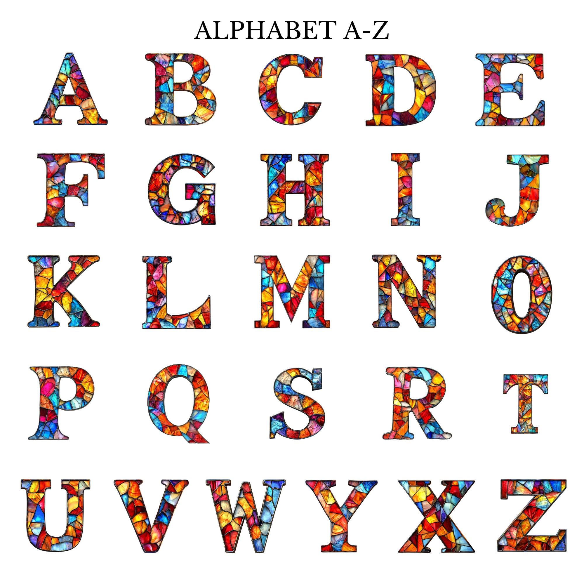 Colorful Stained Glass Alphabet A-Z & Numbers 1-9 Clip Art, Mosaic Font ...