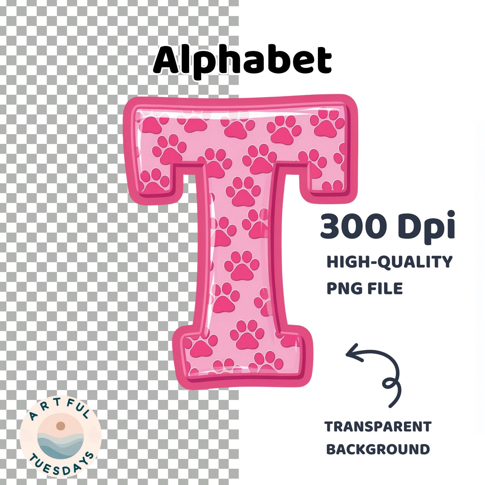 Cute Pink Paw Print Alphabet A-Z & Numbers 1-9 Clip Art, 300 DPI PNG ...