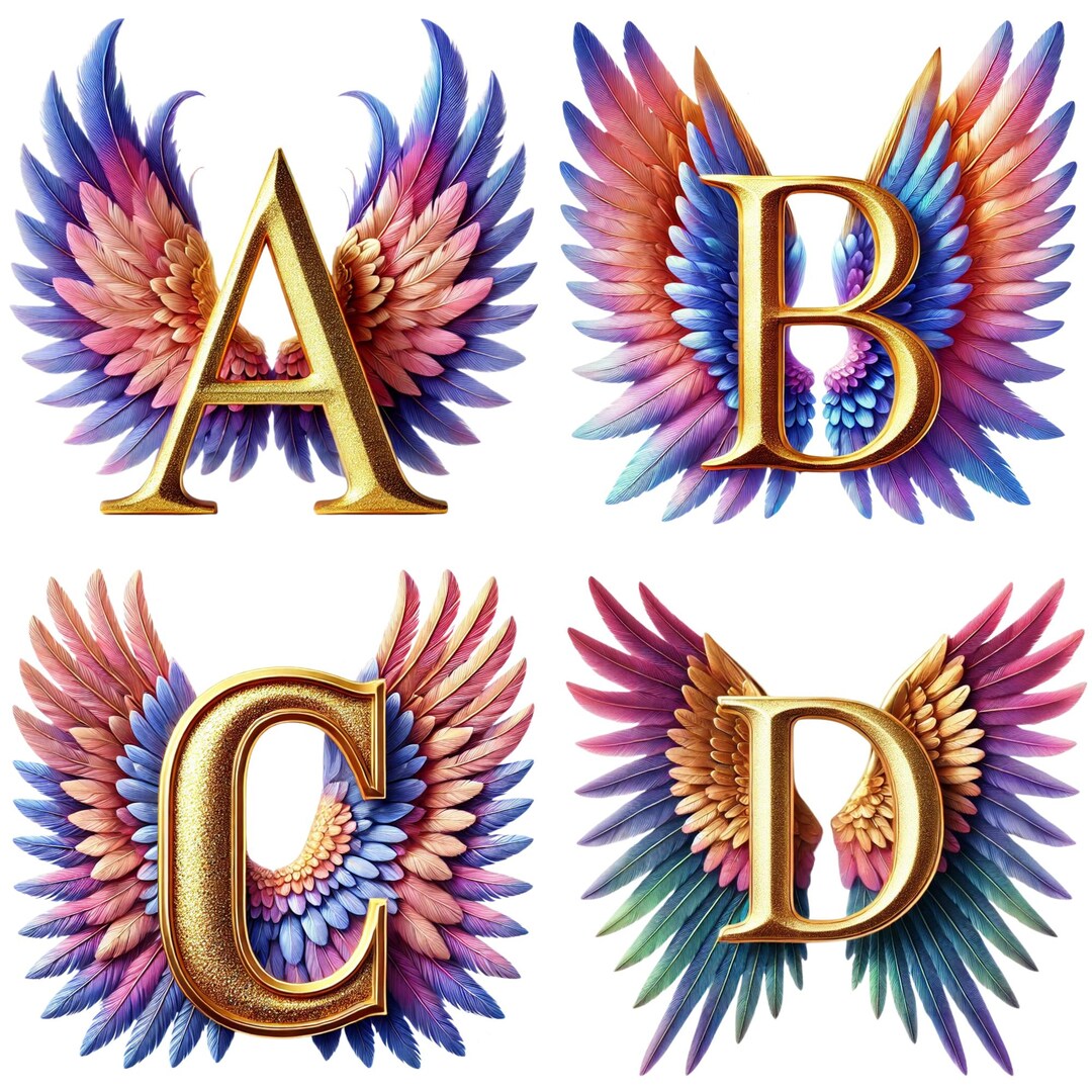 Golden Winged Alphabet Letters & Numbers Clipart, A-Z 1-9, 300 DPI PNG ...