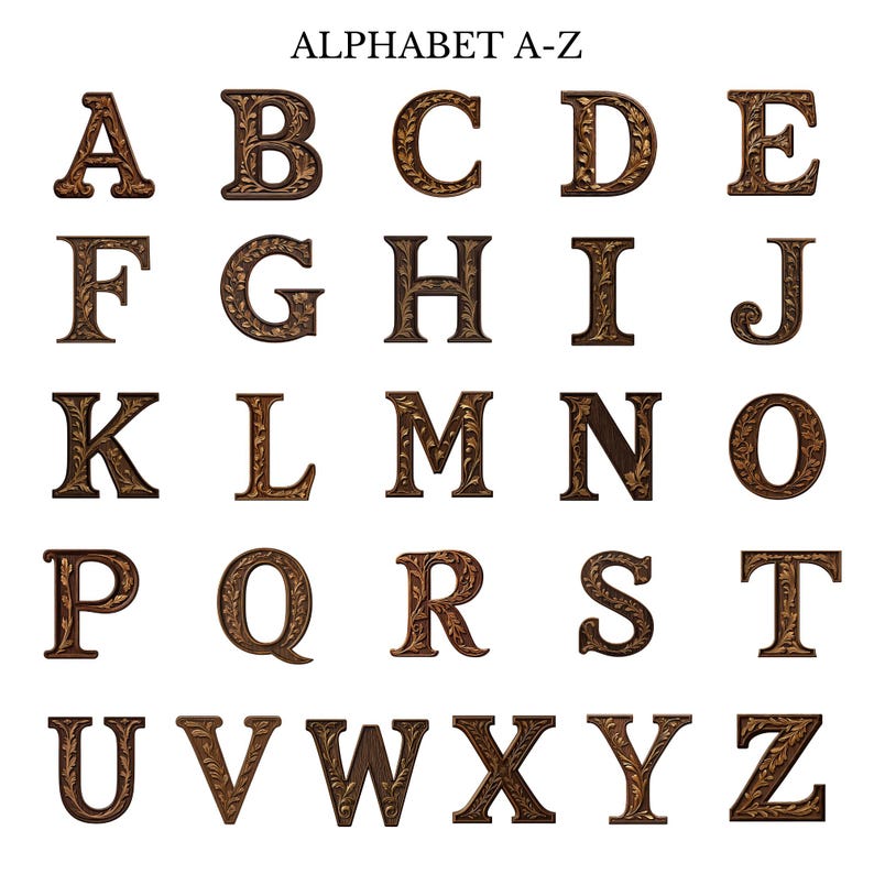 Elegant Wood Carved Alphabet Clipart, A-Z Letters & 1-9 Numbers PNG ...