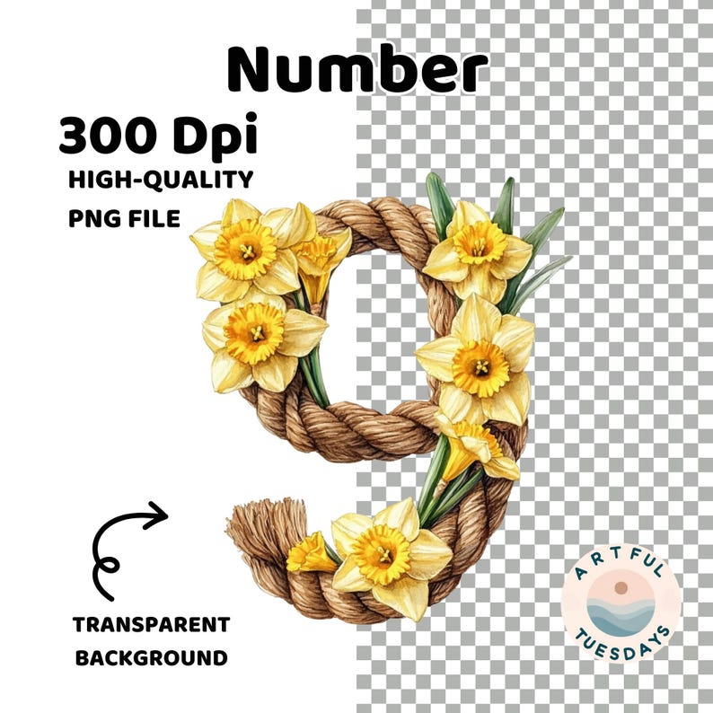 Daffodil Rope Alphabet A-Z & Numbers 1-9 PNG, Easter Spring Floral ...