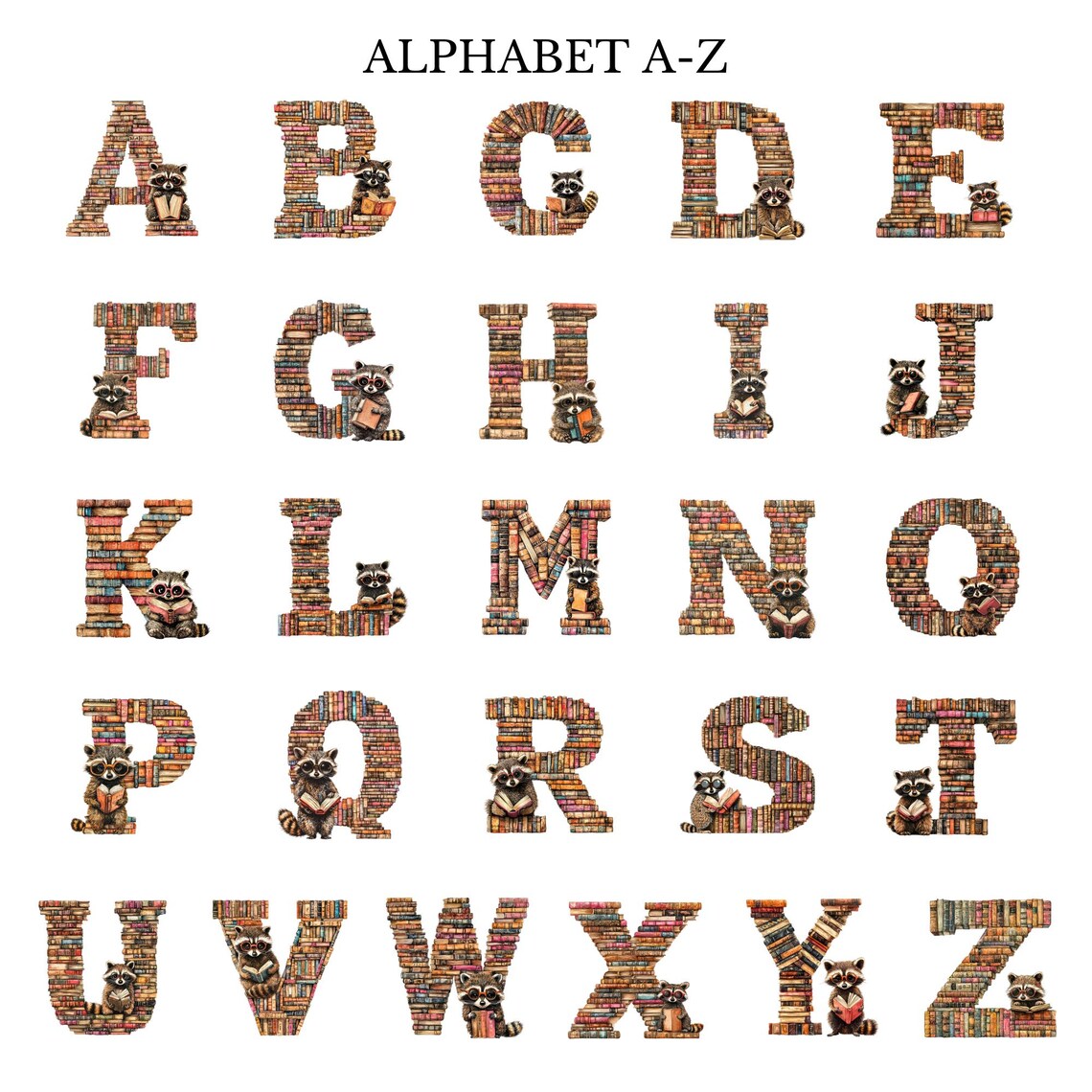 Vintage Bookshelf Alphabet Clipart A-Z & Numbers 1-9, Nerdy Raccoon ...