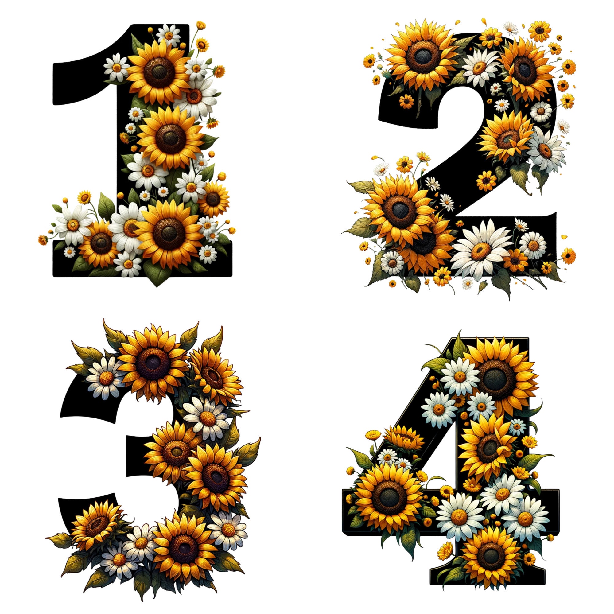 Sunflower & Daisy Alphabet and Numbers PNG Set With Commercial License ...