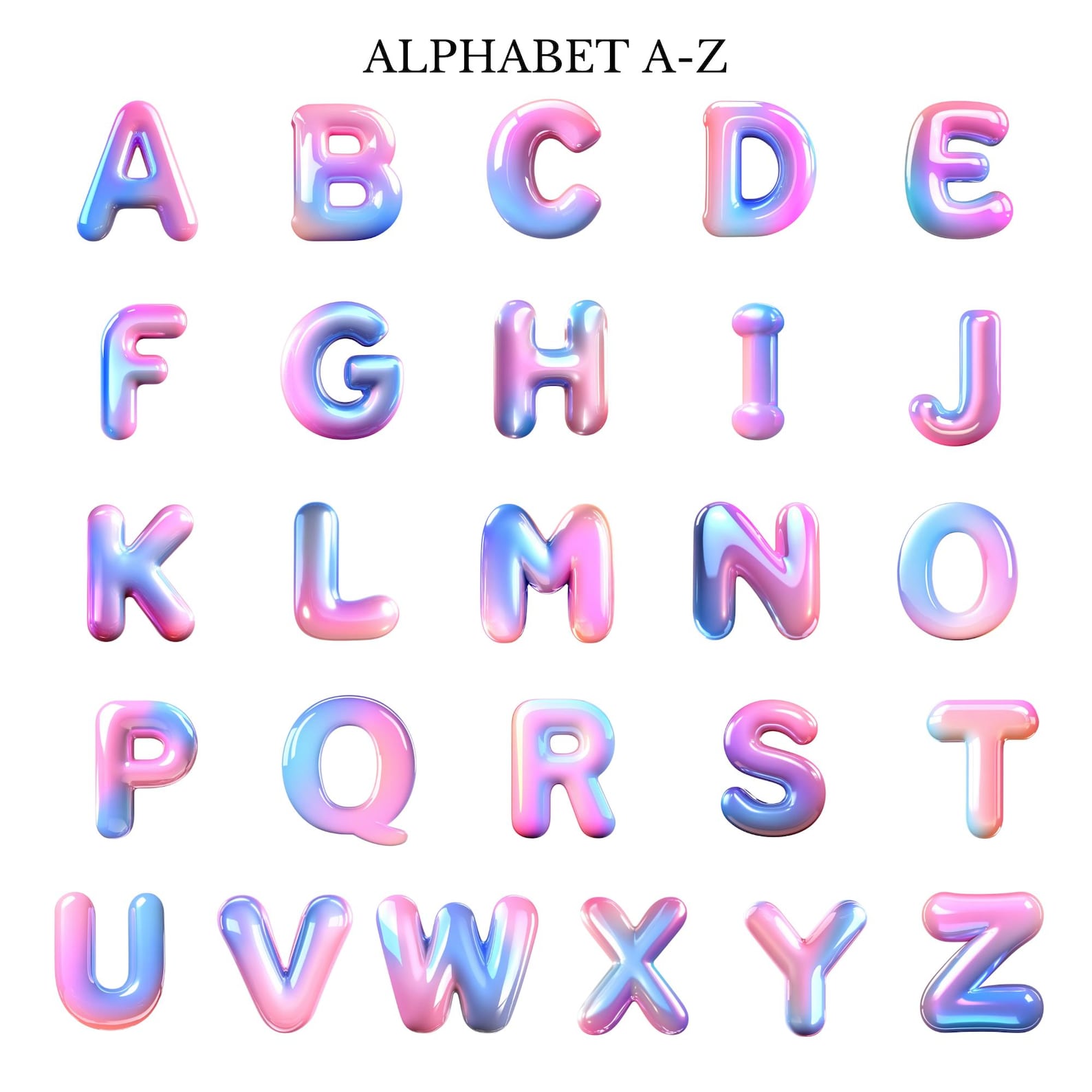 Bubble Gloss Alphabet A-Z & Numbers 1-9 PNG, 3D Gradient Glossy Letters ...
