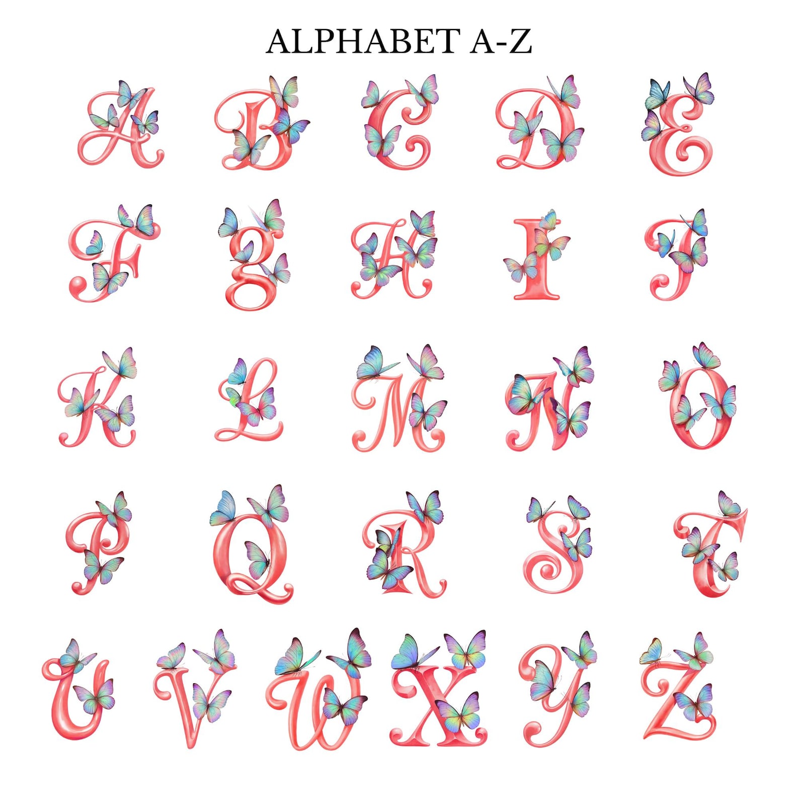Coral Magnificent Butterfly Alphabet Clipart A-Z & Numbers 1-9 ...