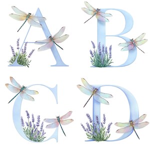 Dragonfly Alphabet Letters A-Z & Numbers 1-9 Clipart, Lavender Floral ...