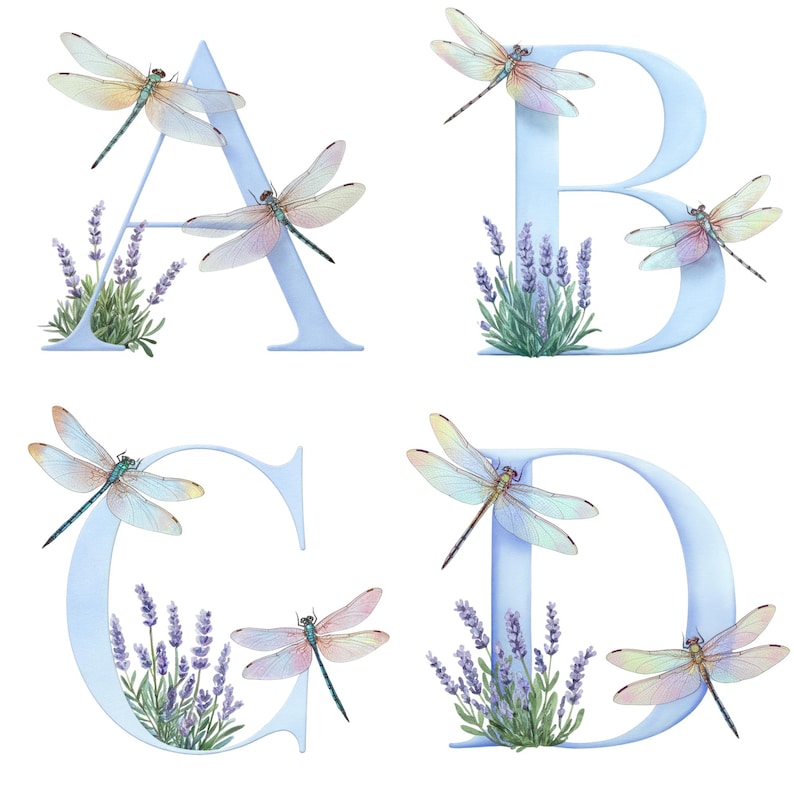 Dragonfly Alphabet Letters A-Z & Numbers 1-9 Clipart, Lavender Floral ...