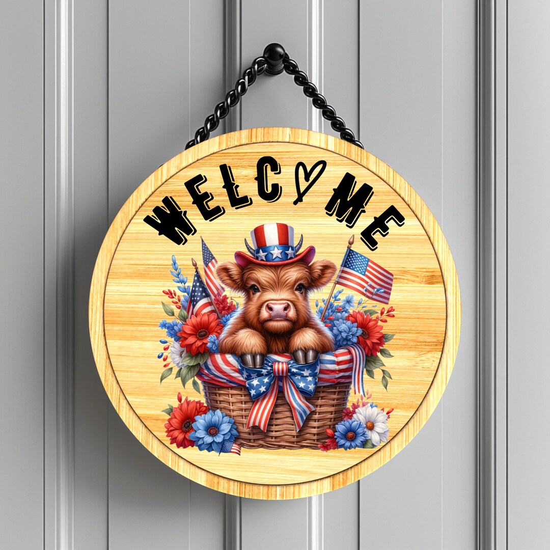Baby Highland Cow Patriotic Door Hanger: USA Welcome Sign (300 DPI PNG ...
