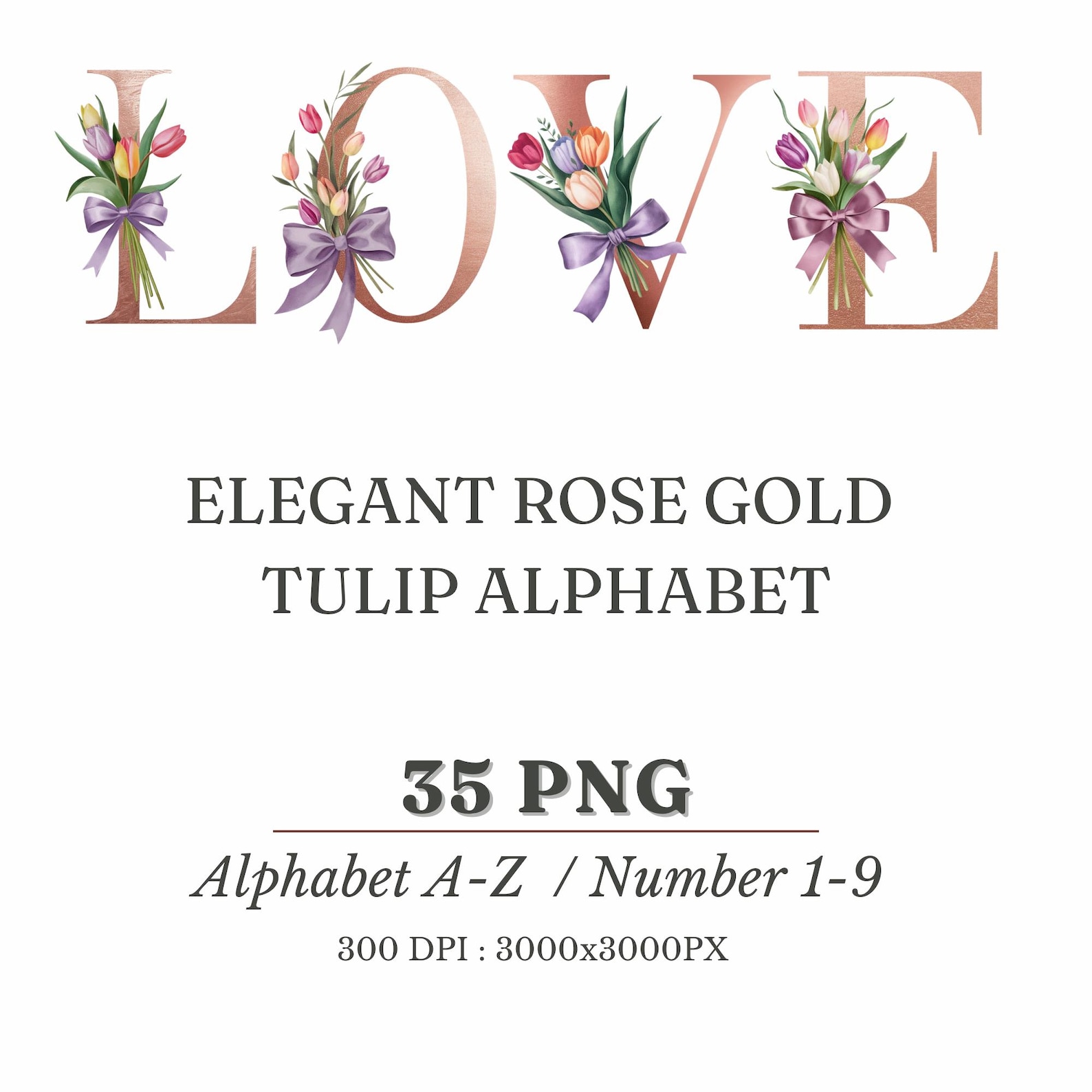 Elegant Rose Gold Tulip Alphabet Clipart | A-Z Letters & 1-9 Numbers ...