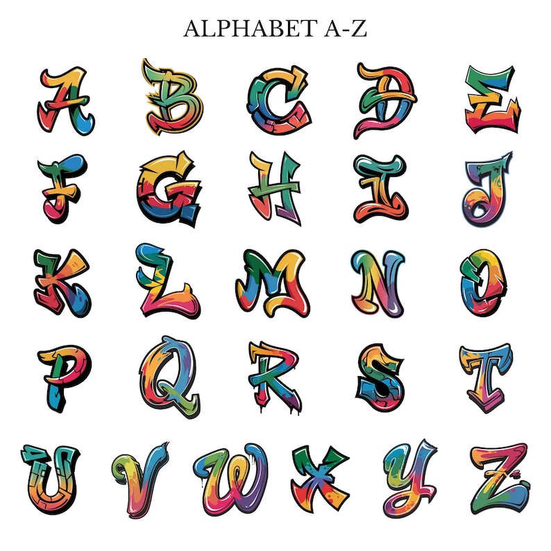 Colorful Graffiti Alphabet A-Z & Numbers 1-9 Clipart, Urban Dripping ...