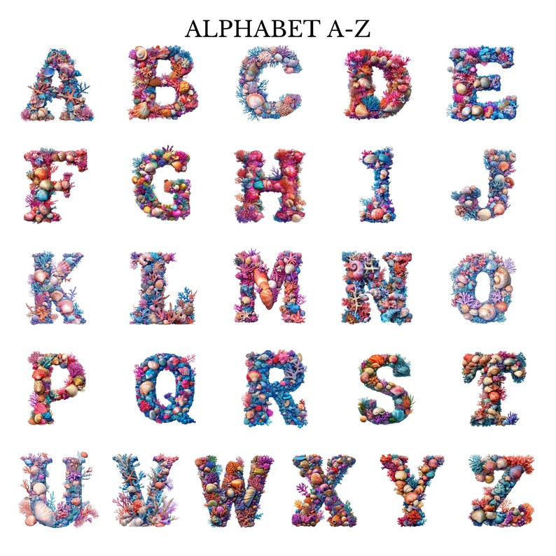 Ocean-themed Alphabet A-Z Numbers 1-9 Clip Art, Coral Reef Letters ...