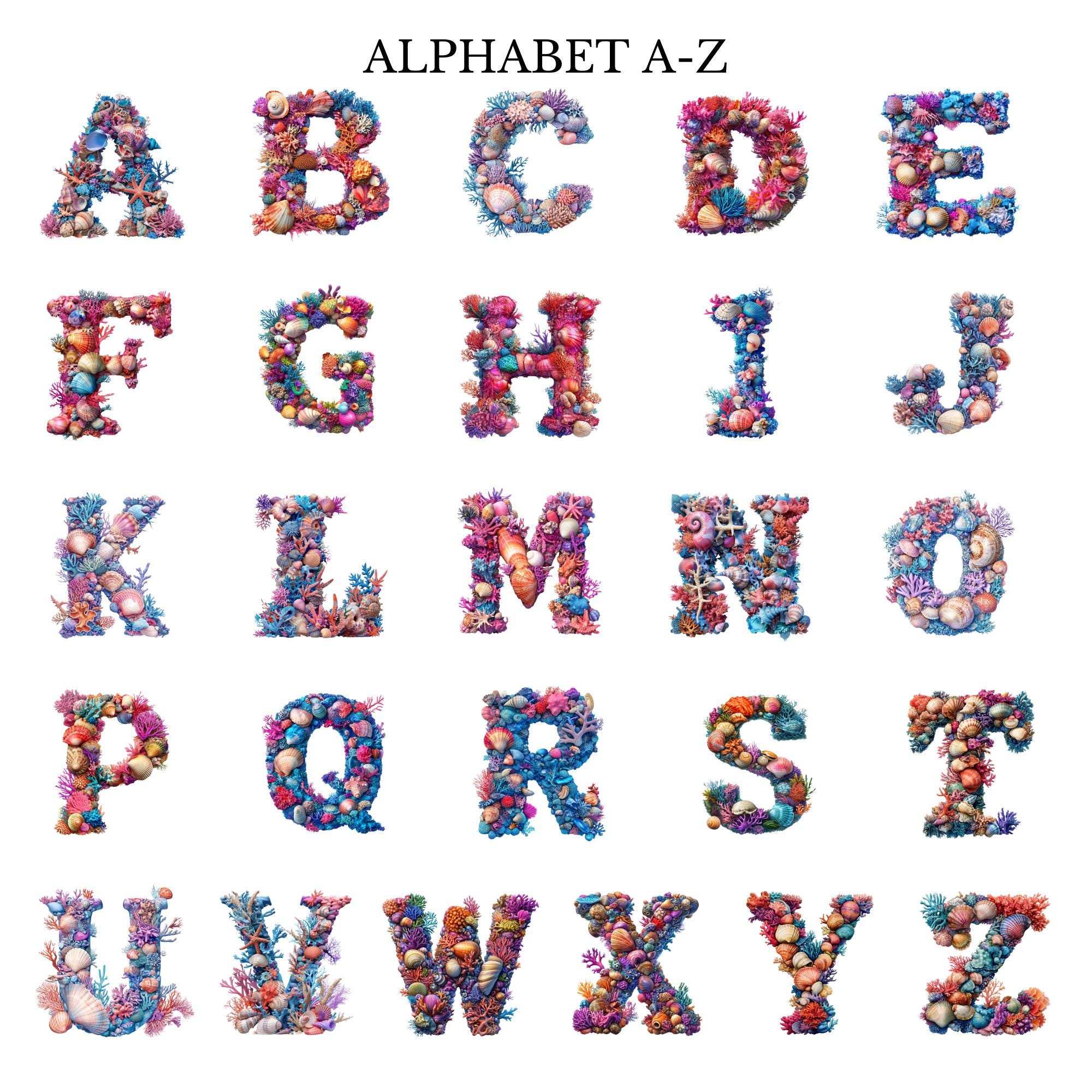 Ocean-themed Alphabet A-Z Numbers 1-9 Clip Art, Coral Reef Letters ...