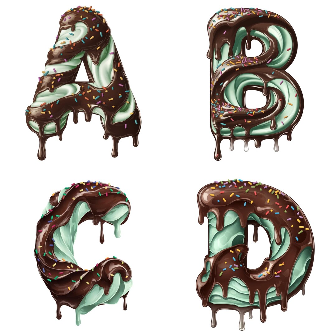 Dripping Chocolate Mint Ice Cream Alphabet Clipart | A-Z & 1-9 | 300 ...