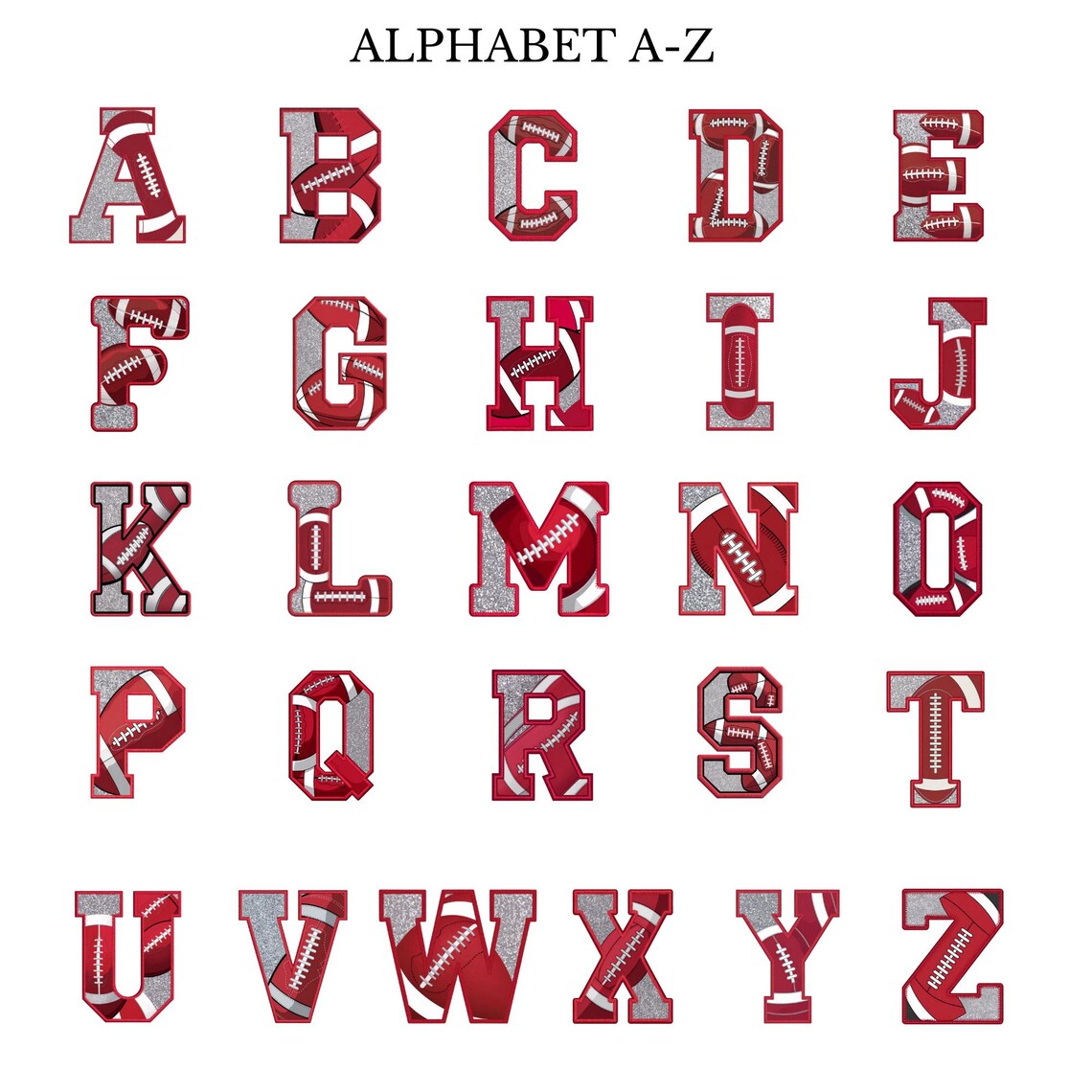 Red Football Alphabet Clipart A-Z, Numbers 0-9 | Faux Embroidery Stitch ...