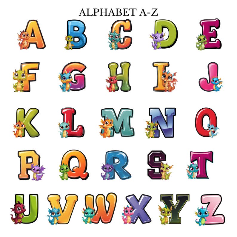 Dragon Cartoon Alphabet A-Z & Numbers 1-9 Clip Art, 300 DPI PNG ...